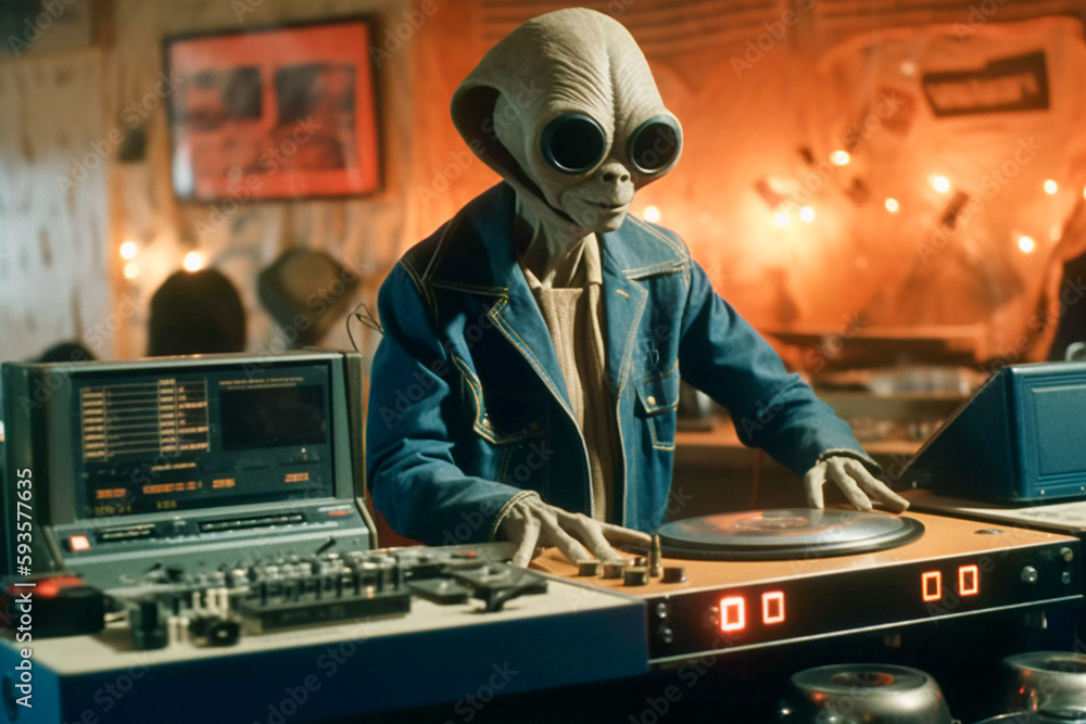 Dj Alien on board, vintage style illustration, 70s retrofuturism ...