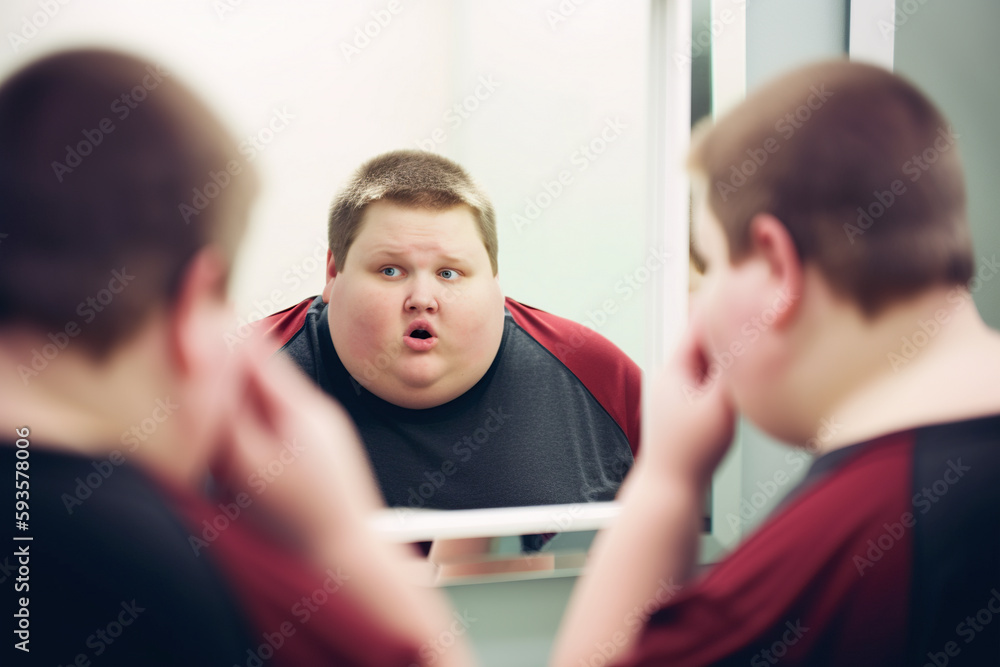 Young ugly teenager man is looking at himself in the mirror. Nobody ...