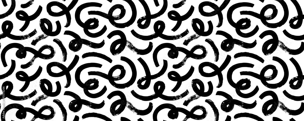 Doodle bold lines seamless pattern. Brush drawn loop lines, swashes and curved strokes. Abstract ...