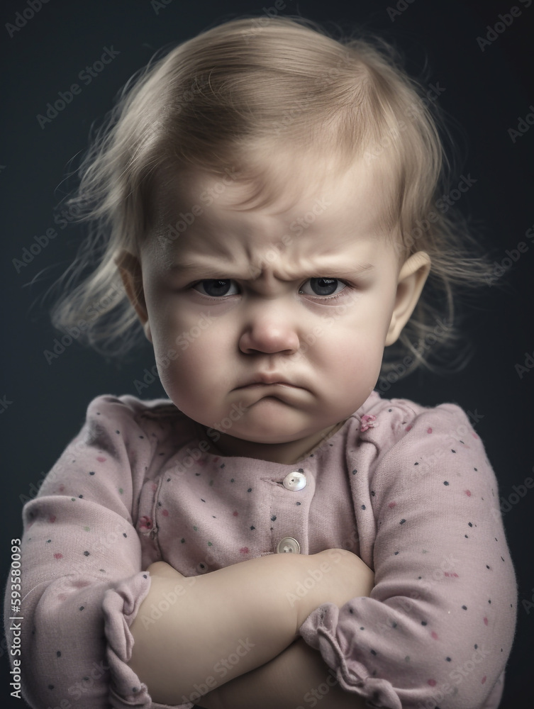 Little baby girl with a frown and angry expression posing with her arms crossed - ai generative ...