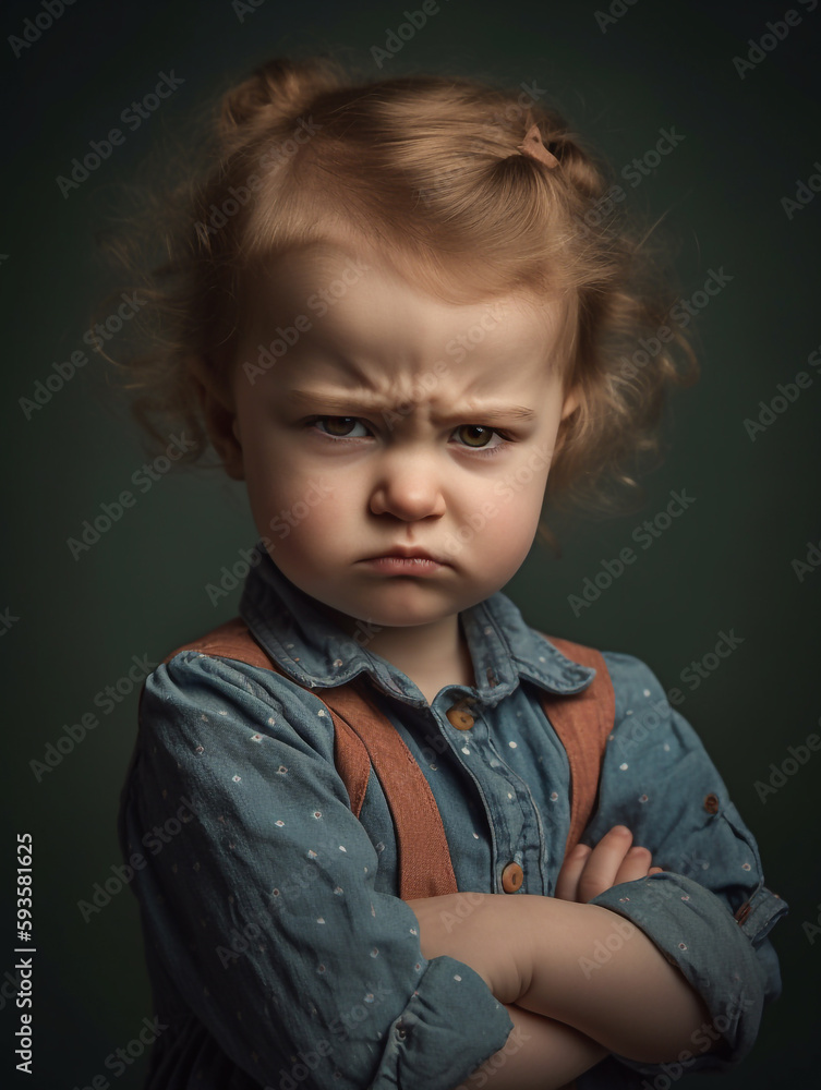 Little baby girl with a frown and angry expression posing with her arms ...