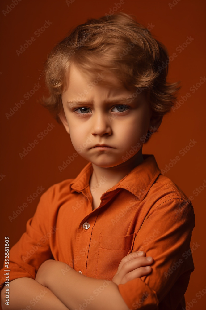 Little boy with a frown and angry expression posing with her arms ...