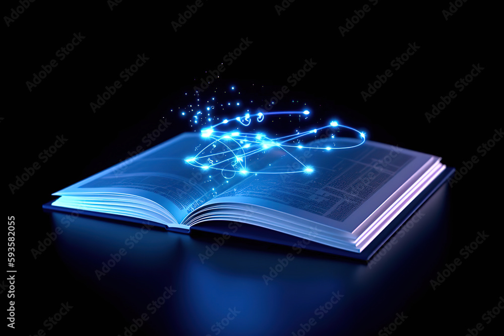 book with blue digital rays, particles and glowing on black background ...