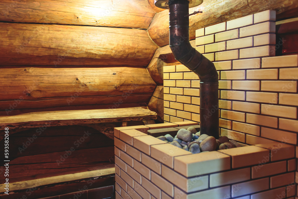 Traditional finnish sauna room wooden interior, cabin home wooden sauna ...