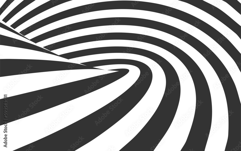 3D black white lines, perspective swirl, digital abstract twirl. Twist ...