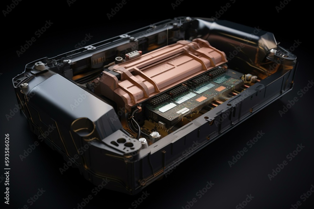Cutaway view of electric vehicle battery pack on black background. 3D ...