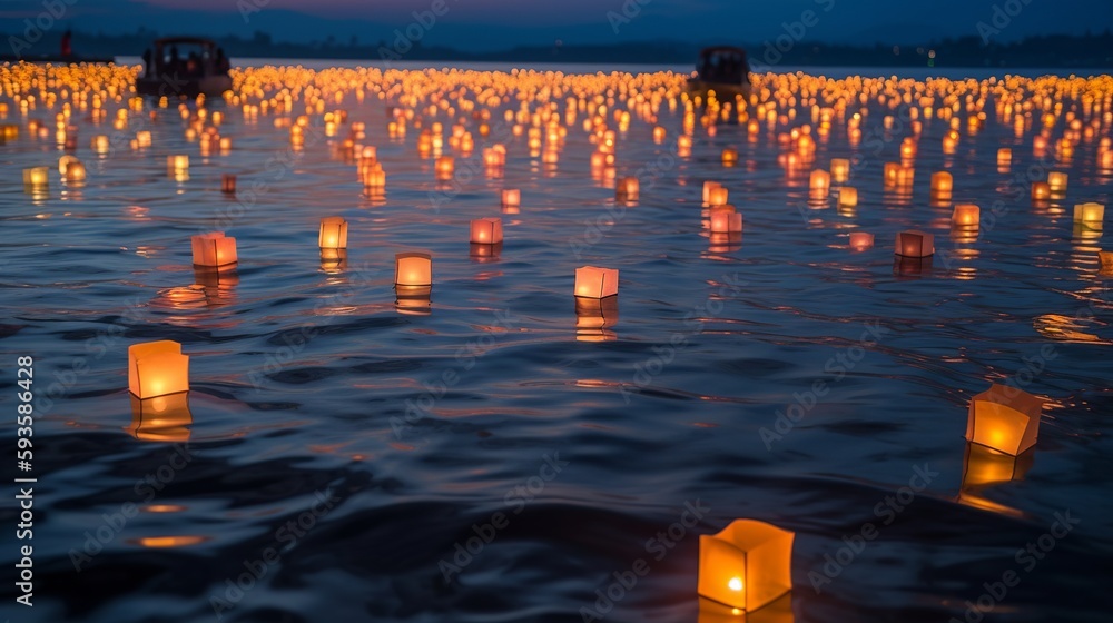 Ethereal floating lantern ceremony on water. generative ai Stock ...