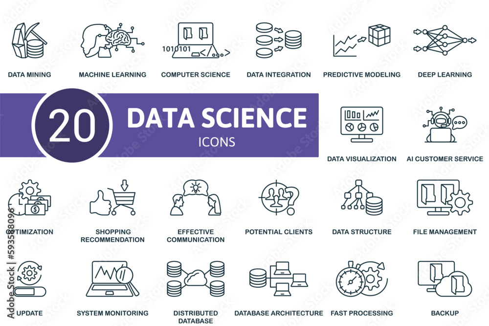 Data science set. Creative icons: data minig, machine learning ...