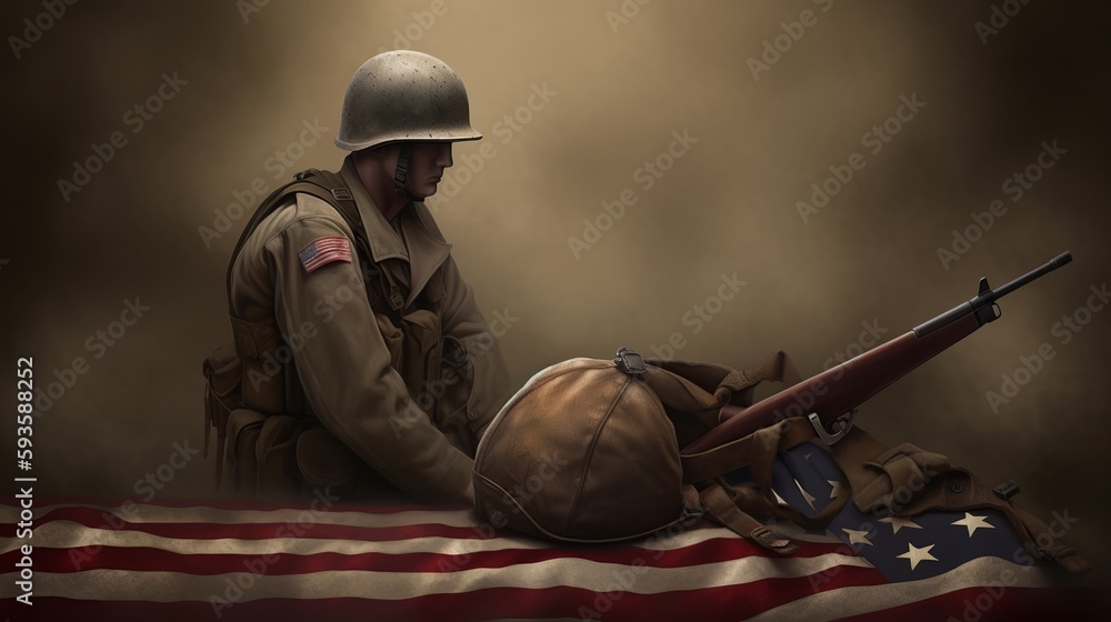 Powerful WWII soldier illustration, American flag backdrop. generative ...