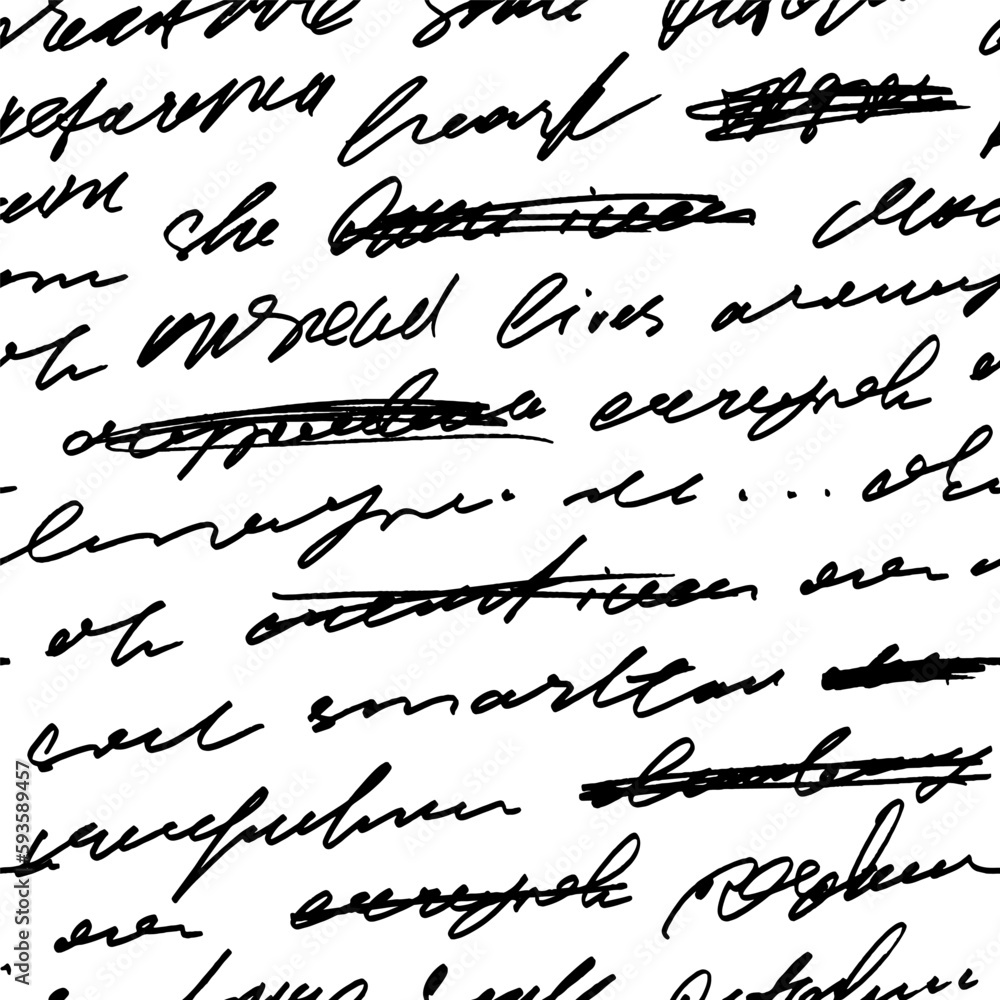 Seamless pattern with abstract writing and strikethroughs. Handwritten ...