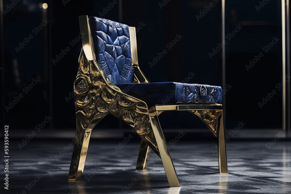 The design concept for a luxury chair incorporates deep blue and gold ...