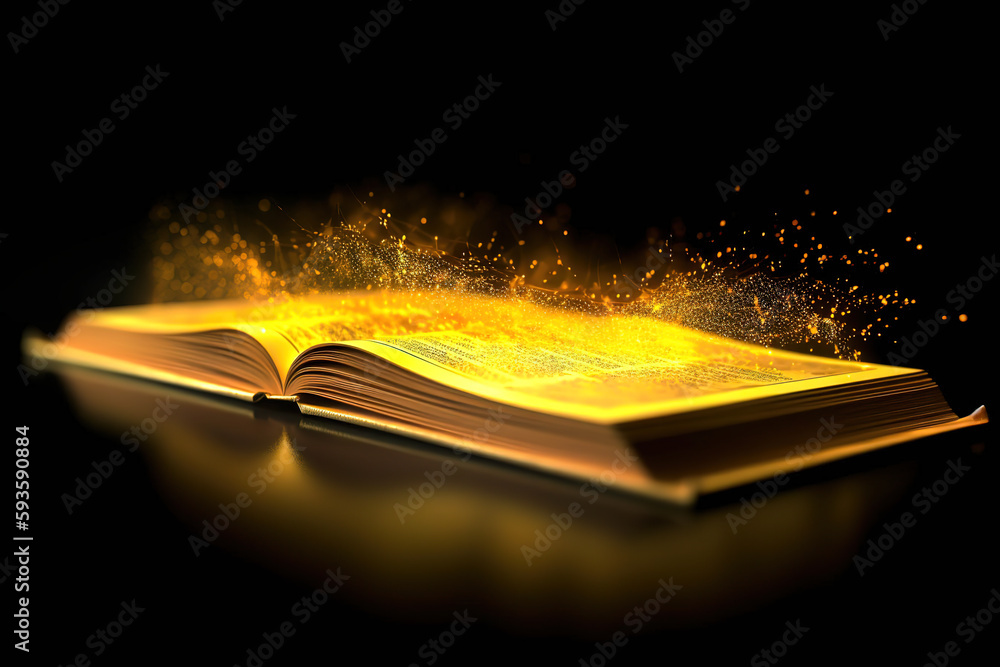 magic book with golden rays, particles and glowing on black background ...