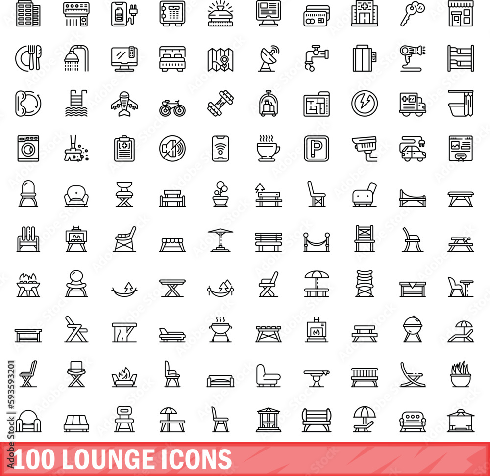 100 lounge icons set. Outline illustration of 100 lounge icons vector ...