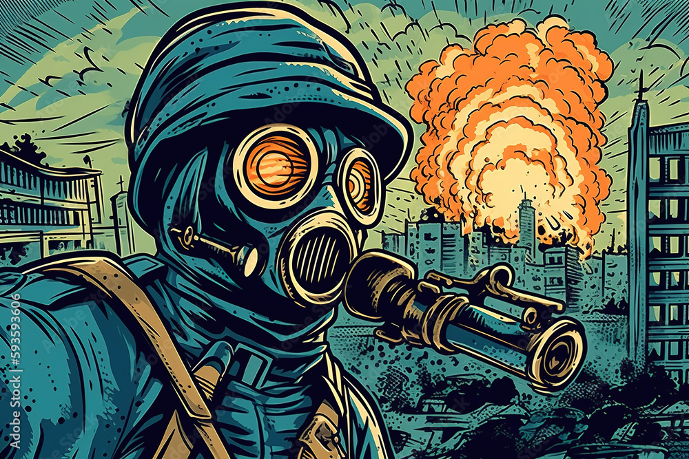 German ww2 soldier wearing mask and destroyed city, cartoon style ...
