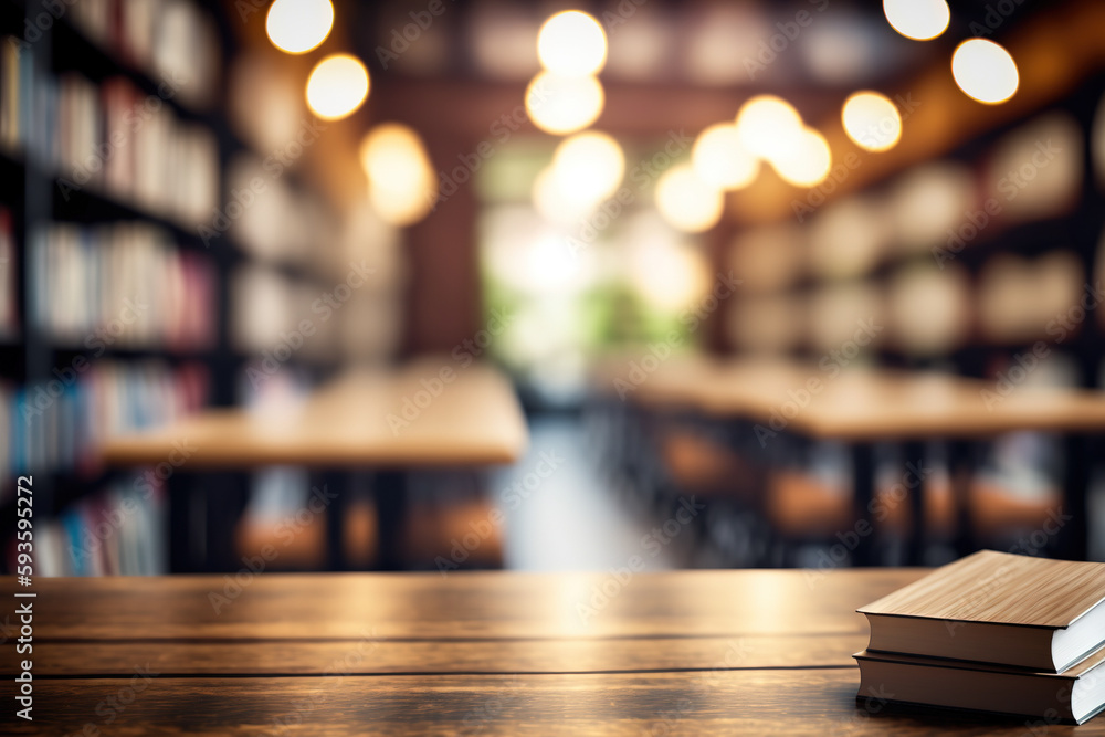 Wooden tree with books on blur background of library with bookshelf ...
