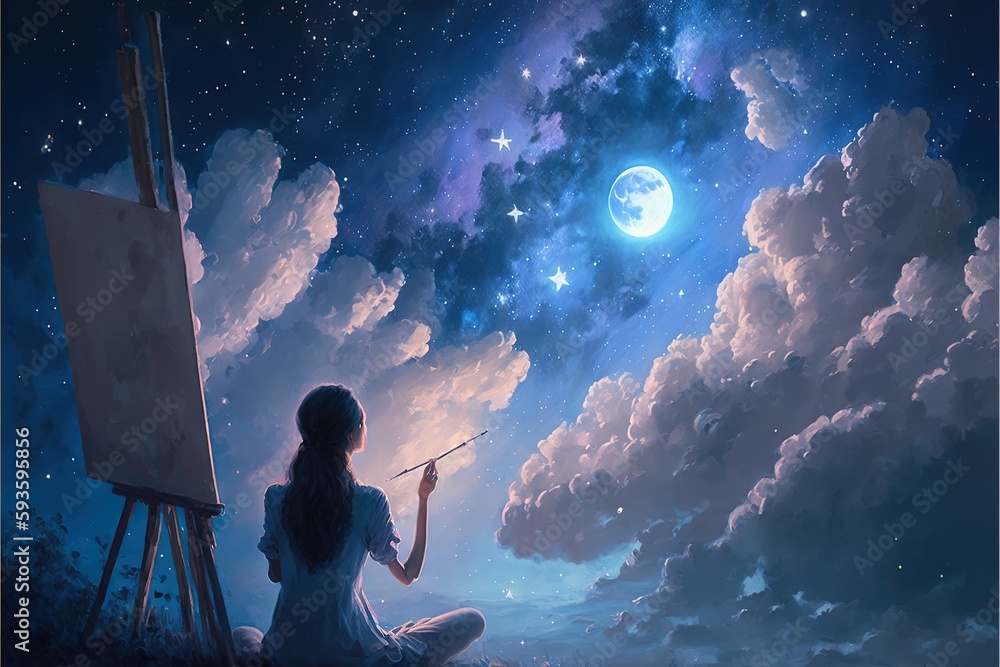 Young girl painting fairytale moonlight and blue sky of the starry ...