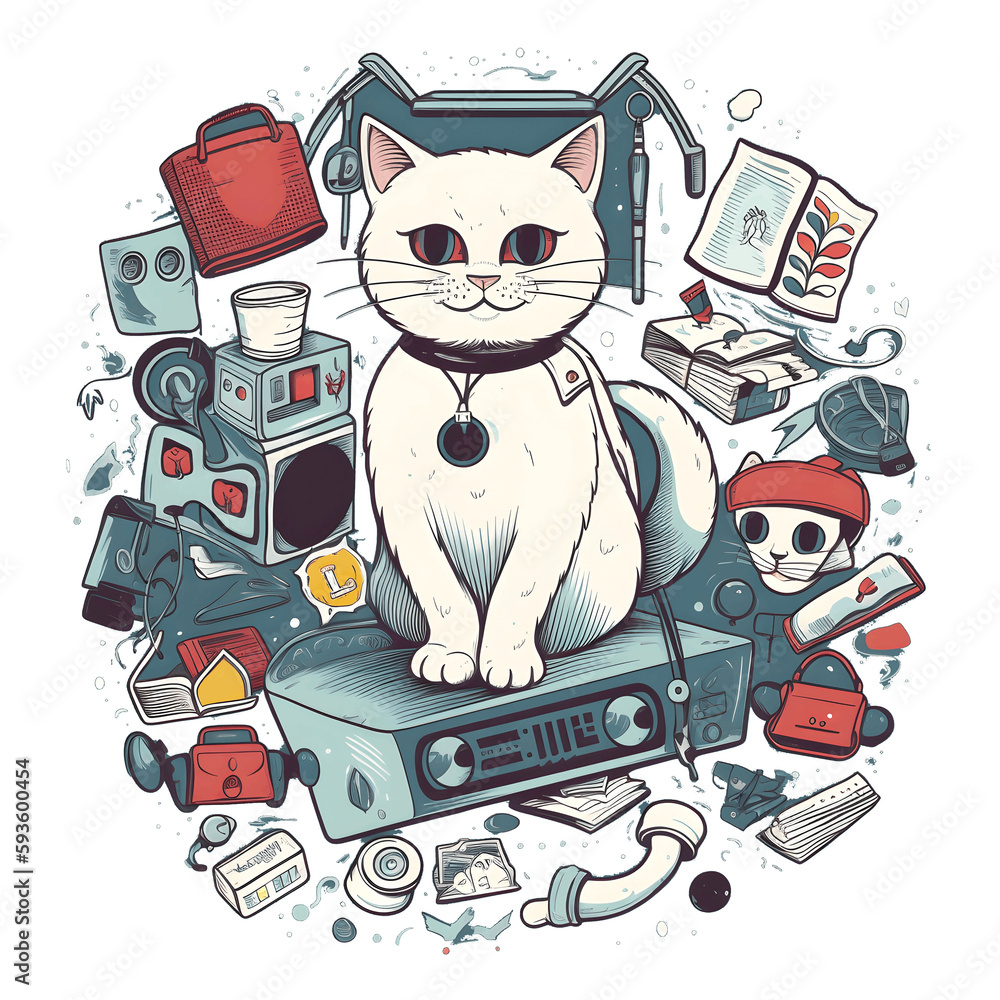Cute Cartoon Cat with Lots of Objects Background, Generative AI Stock ...