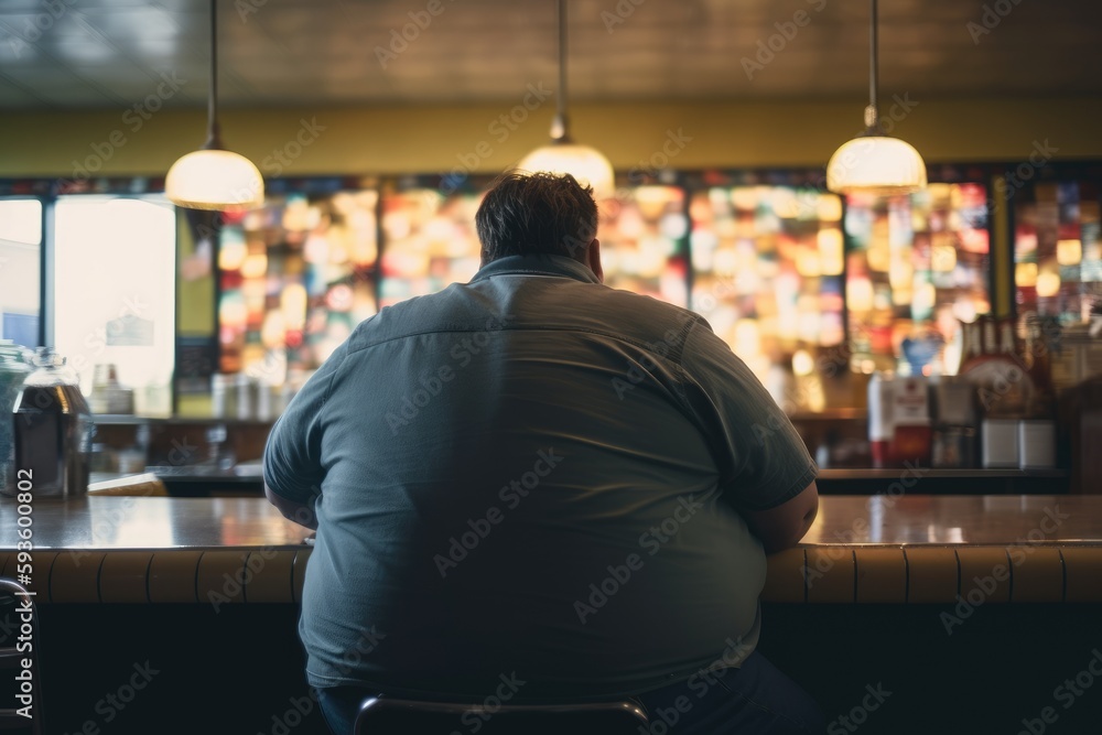 Fat man eating fast food or junk meal in a fast food restaurant / diner ...