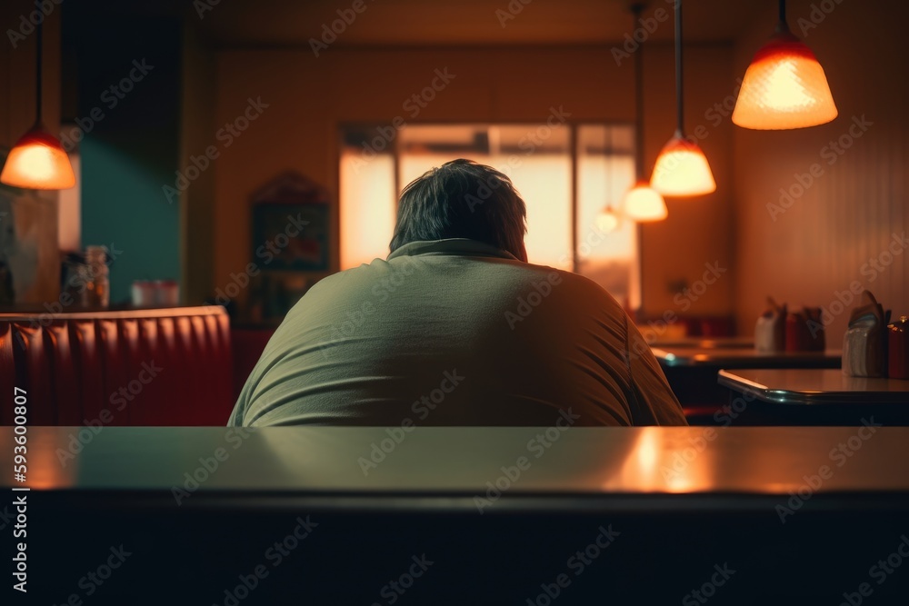 Fat man eating fast food or junk meal in a fast food restaurant / diner ...