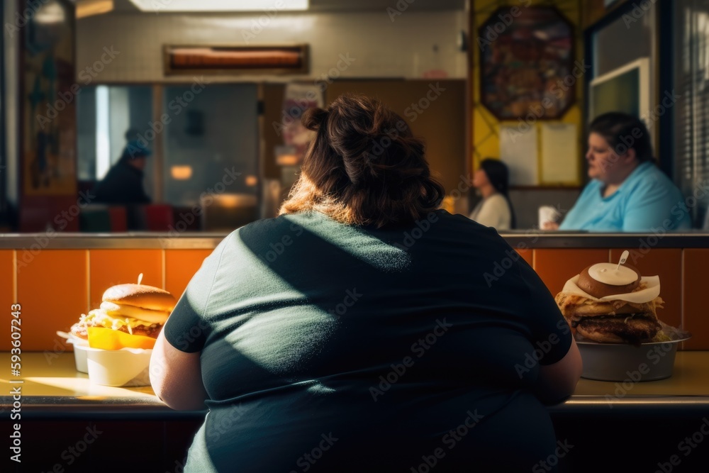 Fat woman eating fast food or junk meal in a fast food restaurant ...