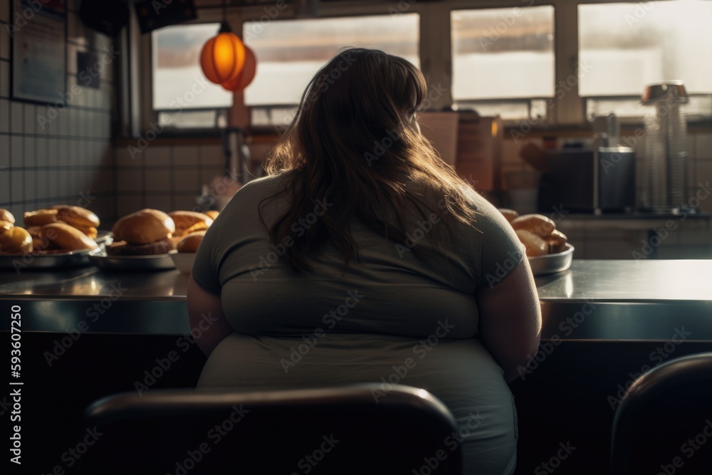 Fat woman eating fast food or junk meal in a fast food restaurant ...
