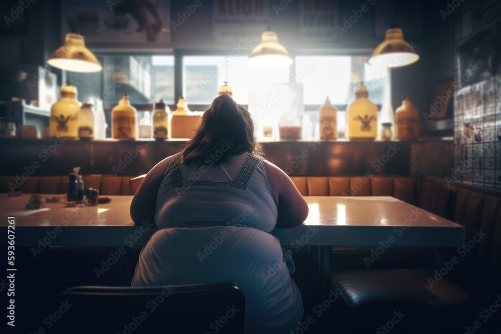 Fat woman eating fast food or junk meal in a fast food restaurant ...