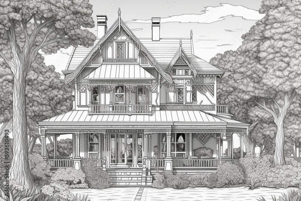 Coloring page. Landscape house in the summer. Generative AI Stock ...
