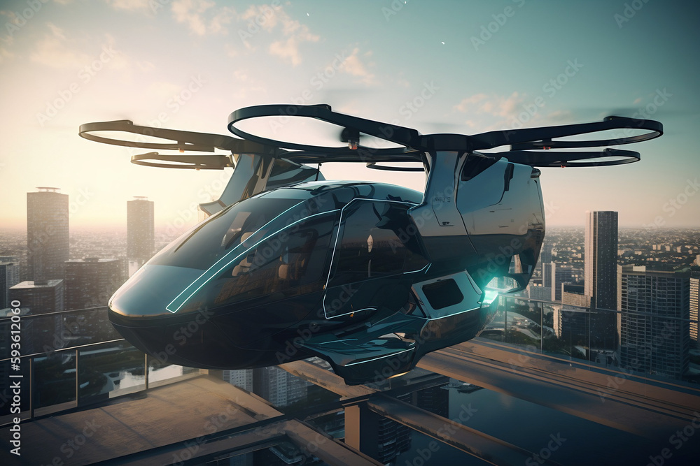 Future of Aerial Police vehicle, Air police unit in futuristic city ...