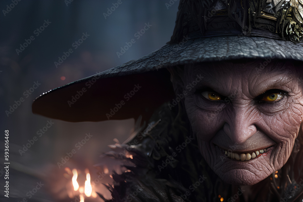 A grinning old wrinkled witch with a burning fire behind her as she ...