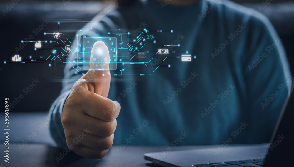 Business people scanning with fingerprint technology digital programs ...