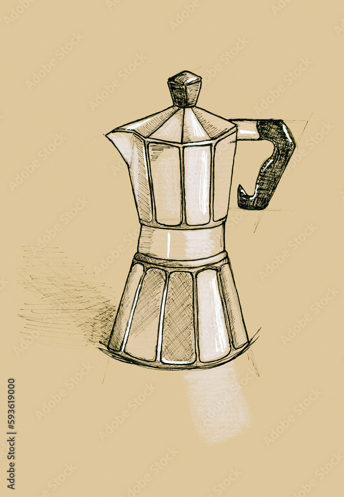 Hand drawn pencil sketch of geyser coffee maker on vintage style beige ...