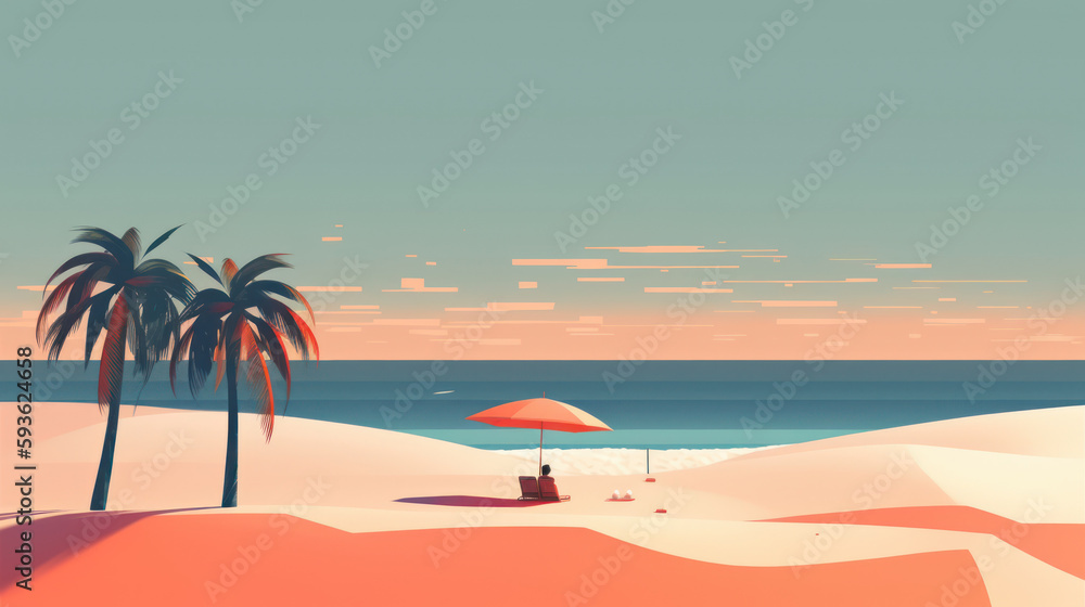 Drawing minimal tropical beach background. Retro tone color style ...