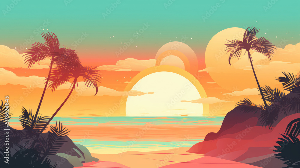 Drawing minimal tropical beach background. Retro tone color style ...