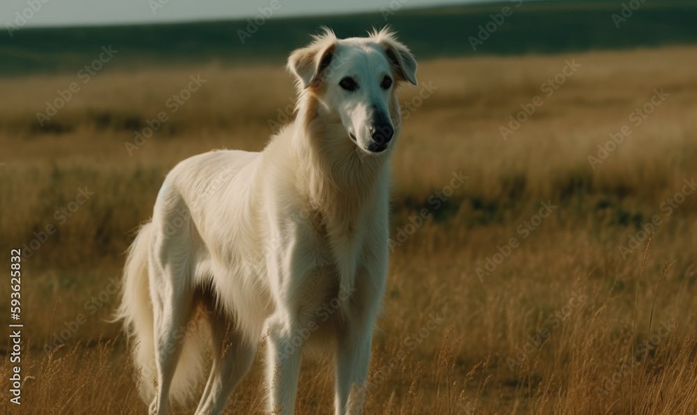Borzoi stands tall and regal in grassy field, with its long, silky coat ...