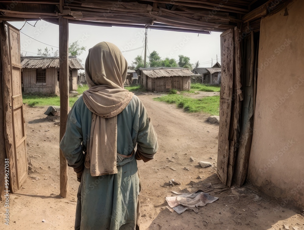 A poor woman living in poverty in a third world country looks out from ...