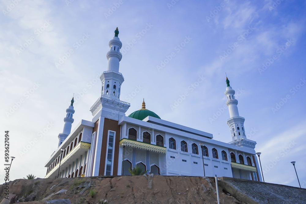 Baitul Makmur Great Mosque, Tarempa. Front of the magnificent beautiful ...