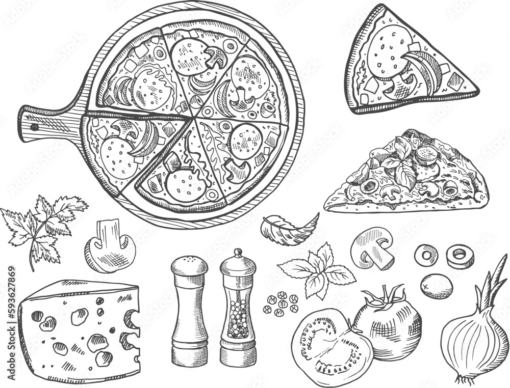 Pizza doodles. Italian pizzas slices bread outline hand drawn sketch ...