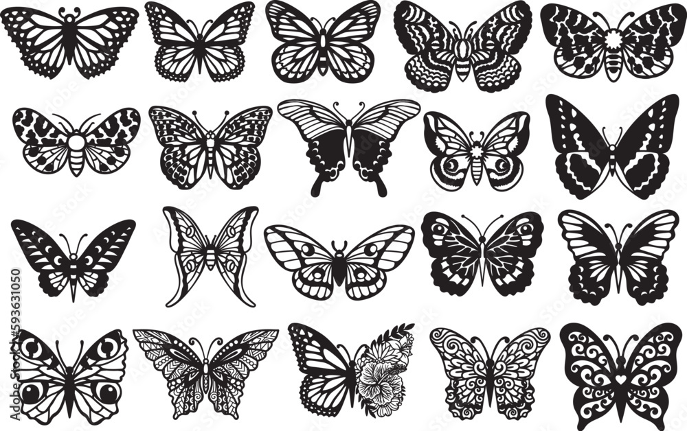 Set of 20 butterflies for engraving, paper cut, caser cut, wood cut ...