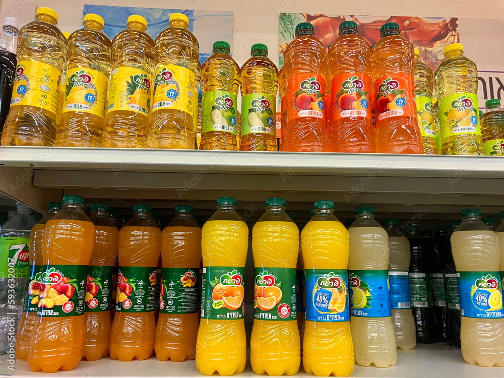 Shop counter with sweet drinks. Carbonated water, sweet juices. Israel ...