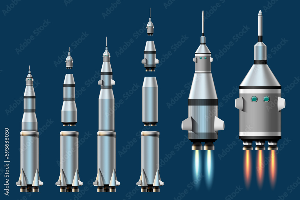 Cartoon vector illustration Rocket launch isolated images set. Stock ...
