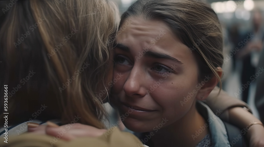 Beautiful kind daughter crying while saying goodbye to her mother at ...