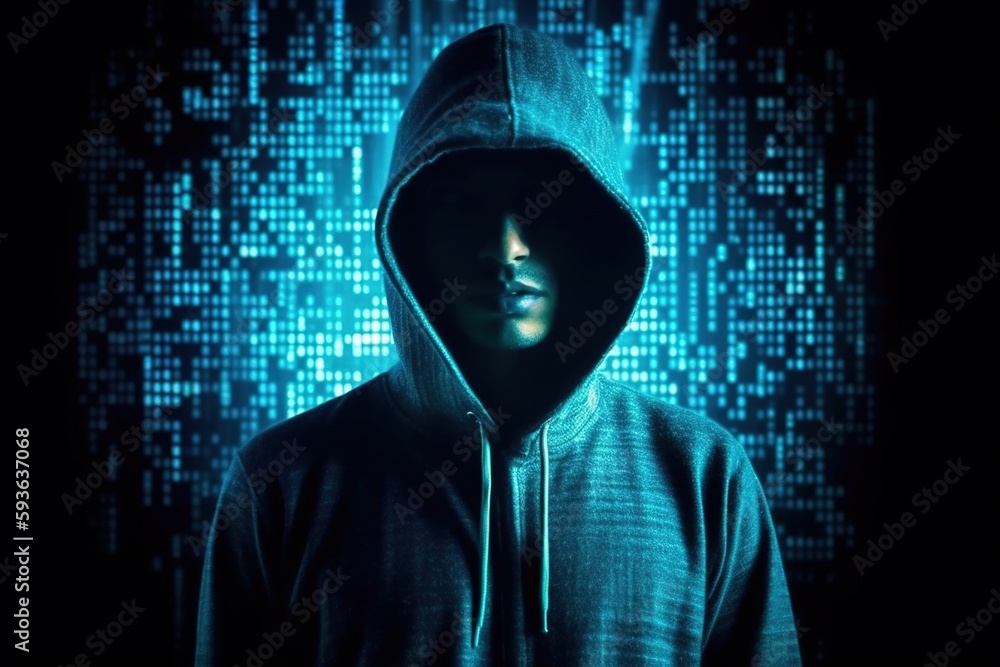 Hacker on blue digital background. Dangerous hacker. Internet, cyber ...