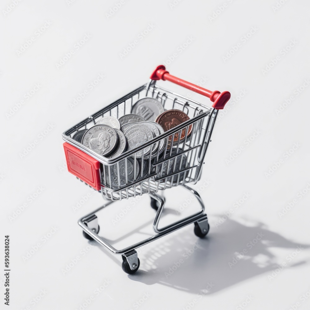 A minimalist, money-themed image of a small black shopping cart on a ...