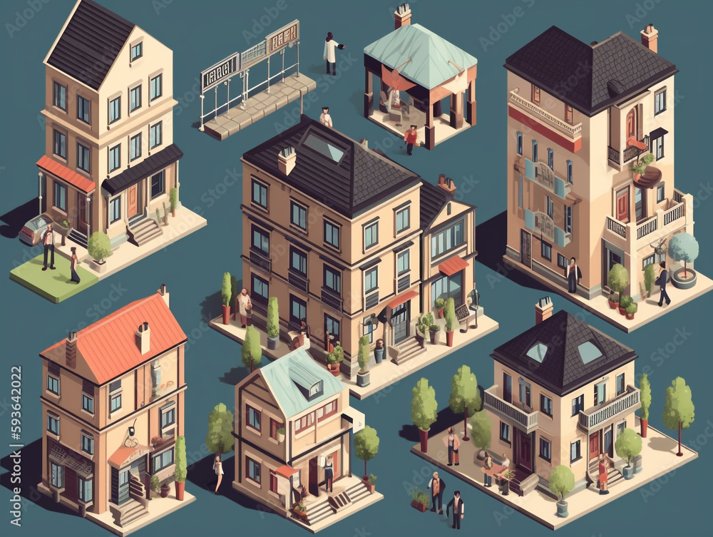 Set of isometric facades of multi-story houses. The design of an old ...