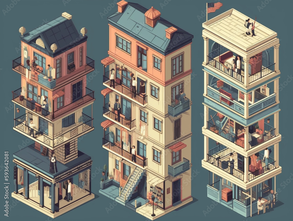 Set of isometric facades of multi-story houses. The design of an old ...