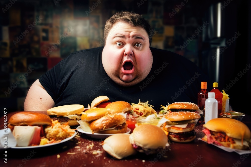 Exaggerated presentation of a greedy fat man eating fast food or junk ...