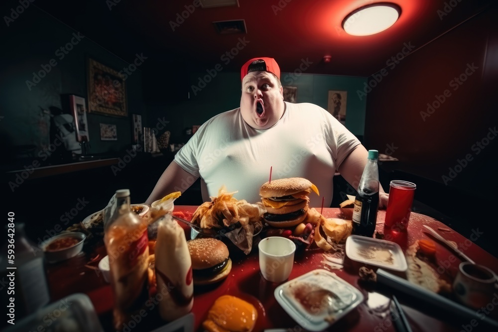 Exaggerated presentation of a greedy fat man eating fast food or junk ... Exaggerated presentation of a greedy fat man eating fast food or junk ...