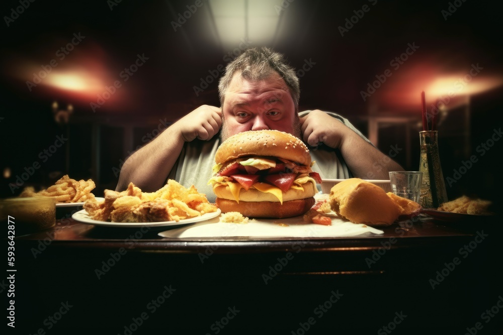 Exaggerated presentation of a greedy fat man eating fast food or junk ...