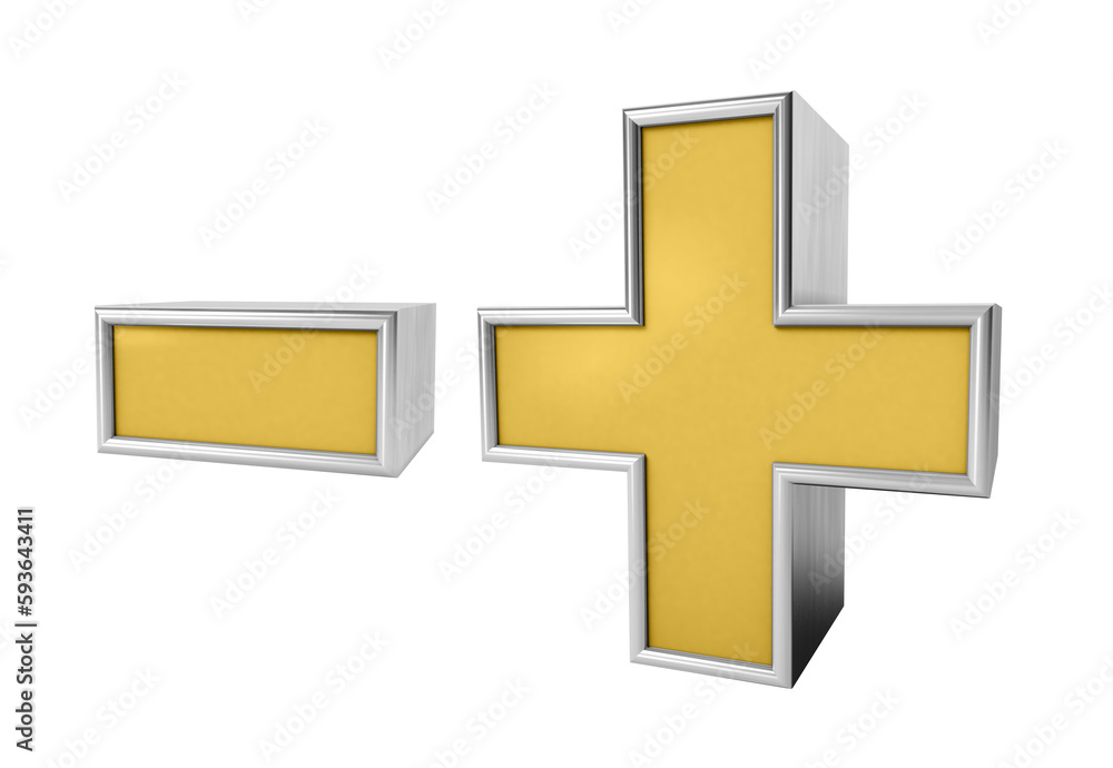 Plus minus 3d isolated on white background. Gold and silver Plus minus ...
