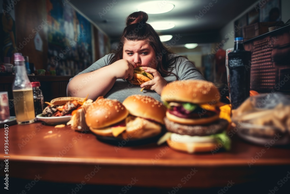 Exaggerated presentation of a greedy fat woman / girl eating fast food ...